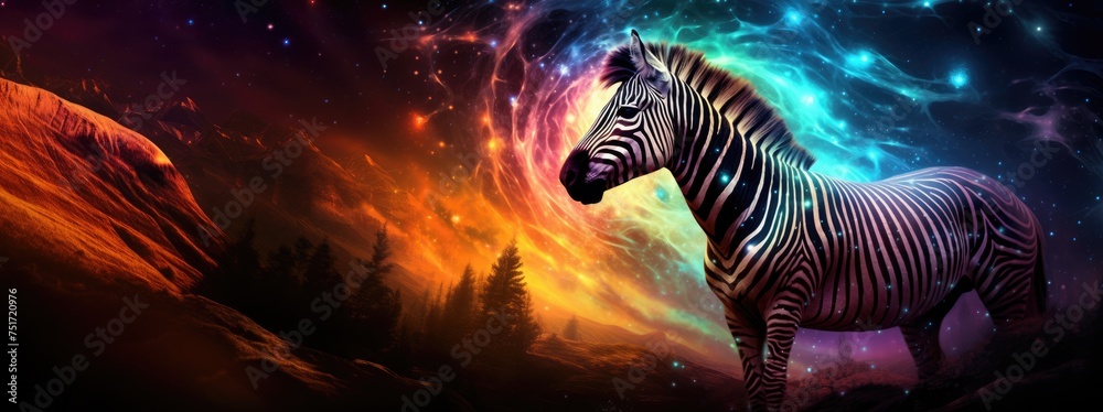 ภาพประกอบสต็อก Zebra on cosmic background with space, stars, nebulae ...