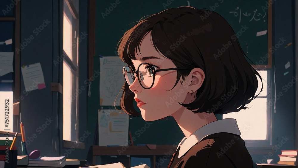 illustration of a girl in a classroom a pretty girl in profile with ...