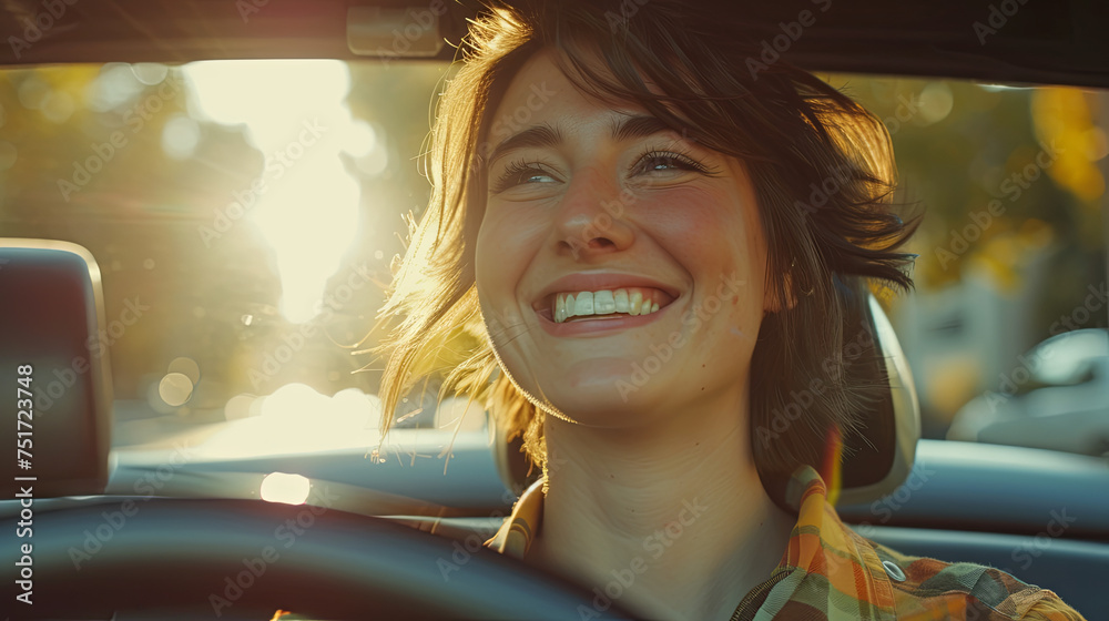 Behind the wheel, a beautiful girl drives with a radiant smile ...