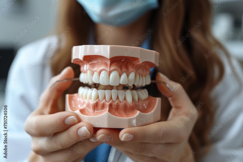 Dentist showing a dental model to a patient, explaining oral health ...