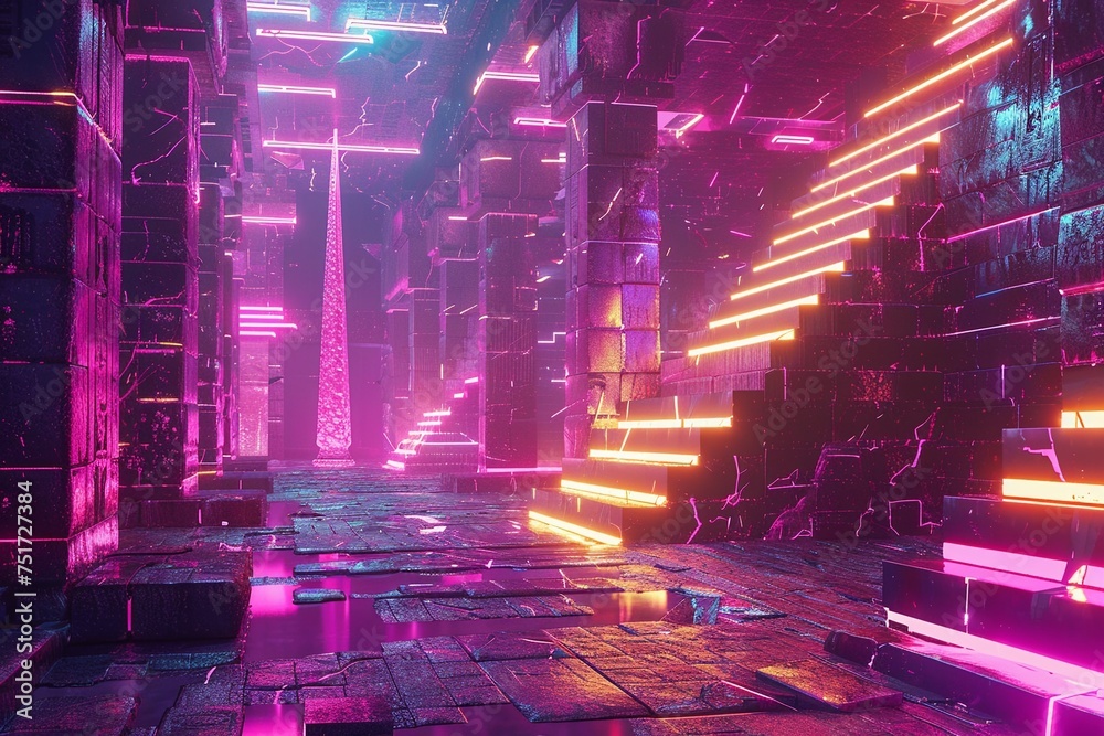 3D render of a cyberpunk cityscape with neon Mesopotamian ziggurats ...