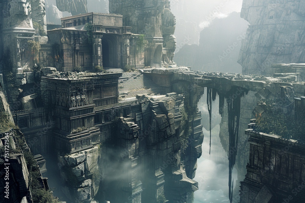 3D render of a majestic fantasy city built upon ancient ruins where ...