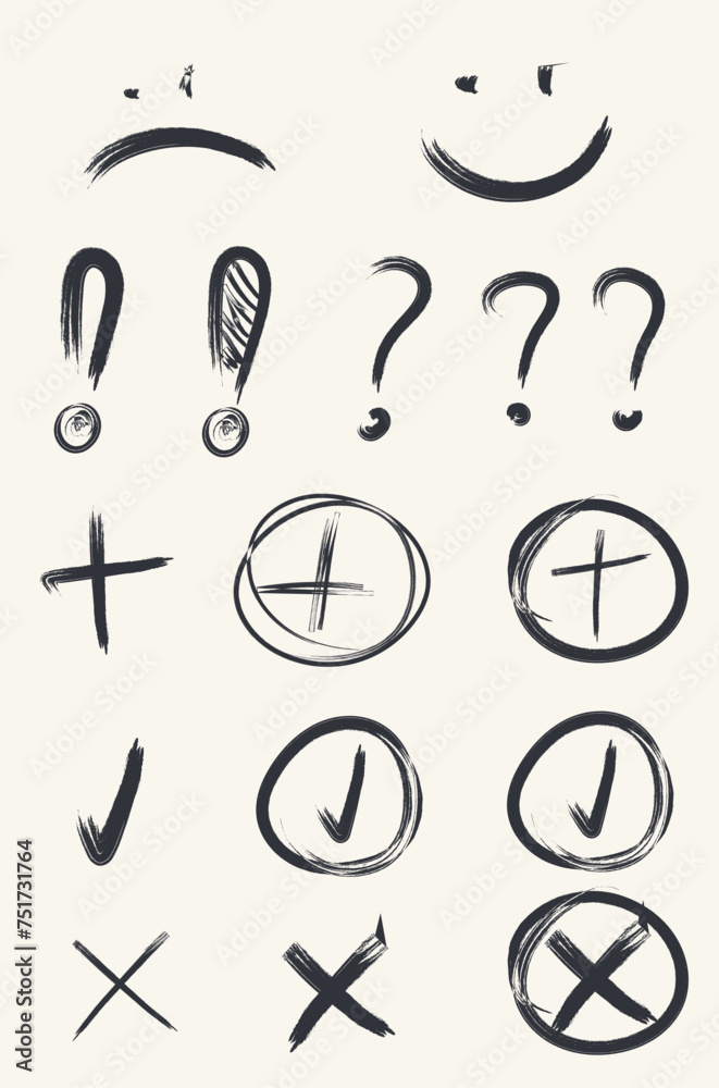 Smile, plus, plus in a circle, bold plus, tick, tick in a circle ...