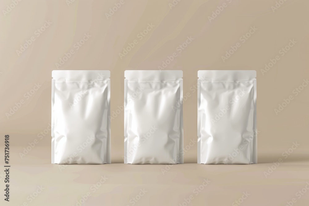 Blank coffee packagings, front view on a beige background, coffee ...
