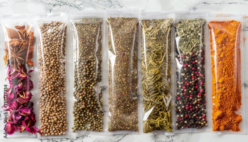 Different spices in transparent ziplock bags viewed from above Stock ...