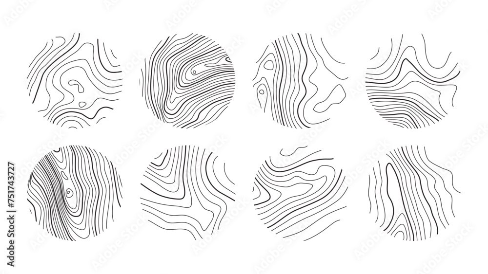 Set topographic line, stroke map in view rings, circular geographic ...