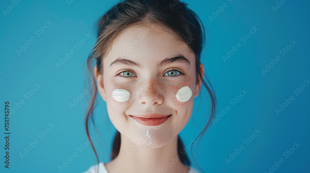 Cute young girl with white beauty cream on both left and right cheeks ...