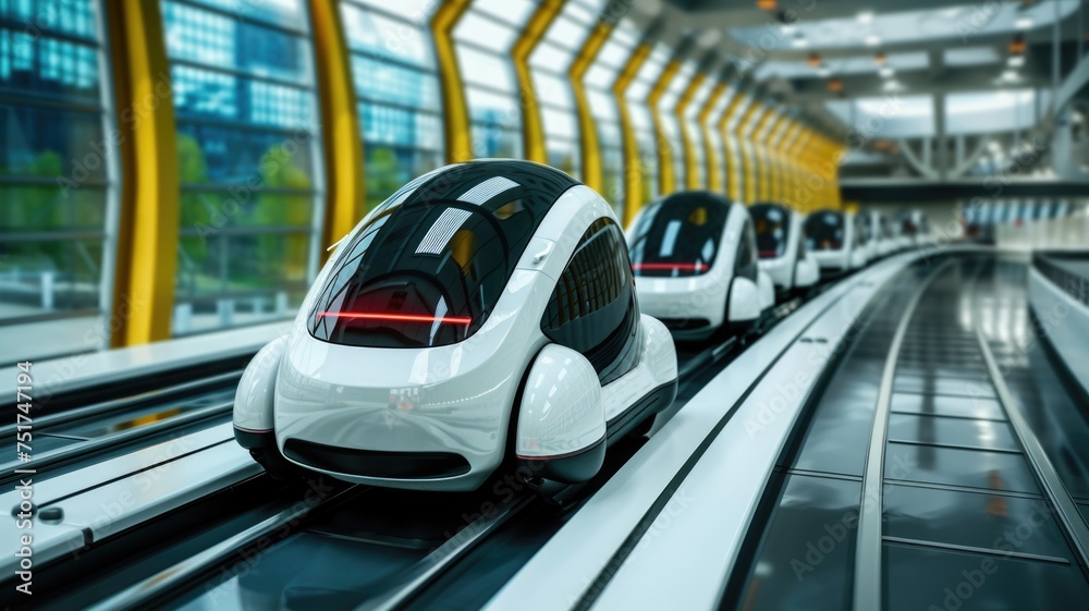 Sleek autonomous transportation pods line up in a bright, contemporary ...