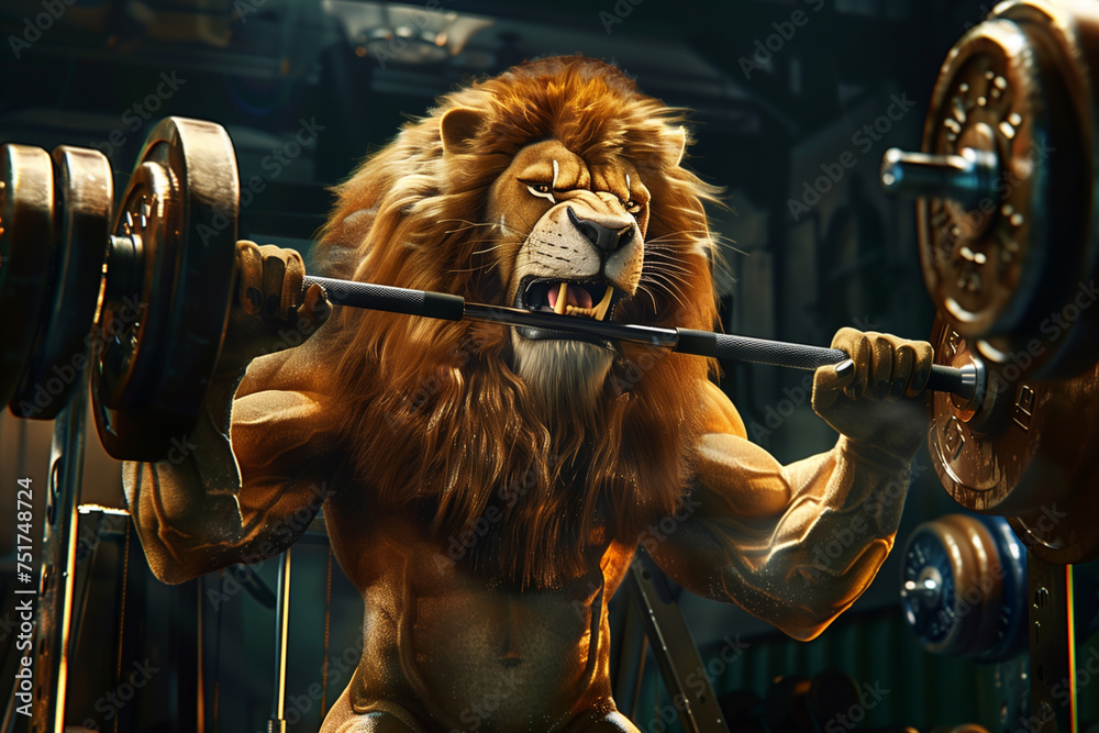 A lion is standing in front of a weightlifting bar. The lion is holding ...