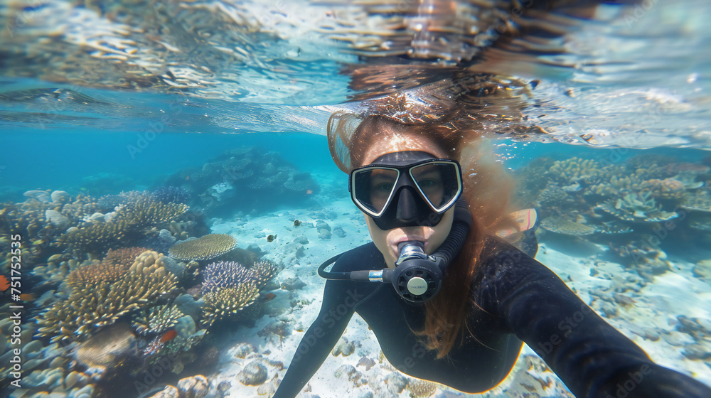 Female scuba diver, swimming underwater, pristine white sand under ...