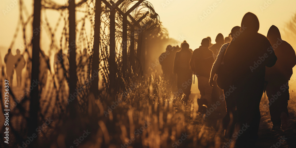 Silhouette of crowd of refugees or illegal immigrants stands by barbed ...
