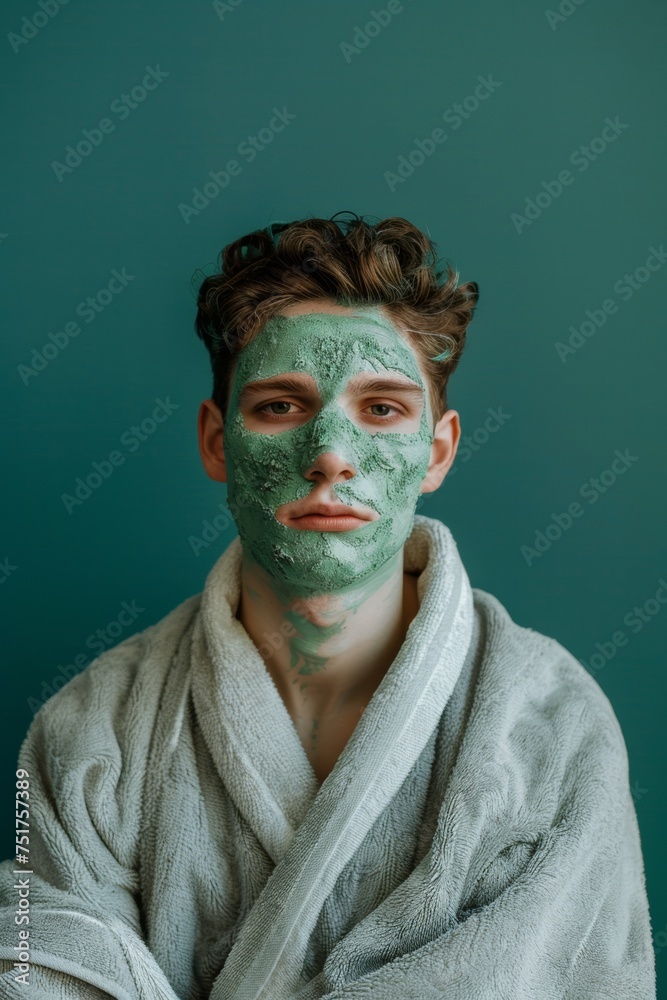 Serious young man in a bathrobe with a textured green face mask ...