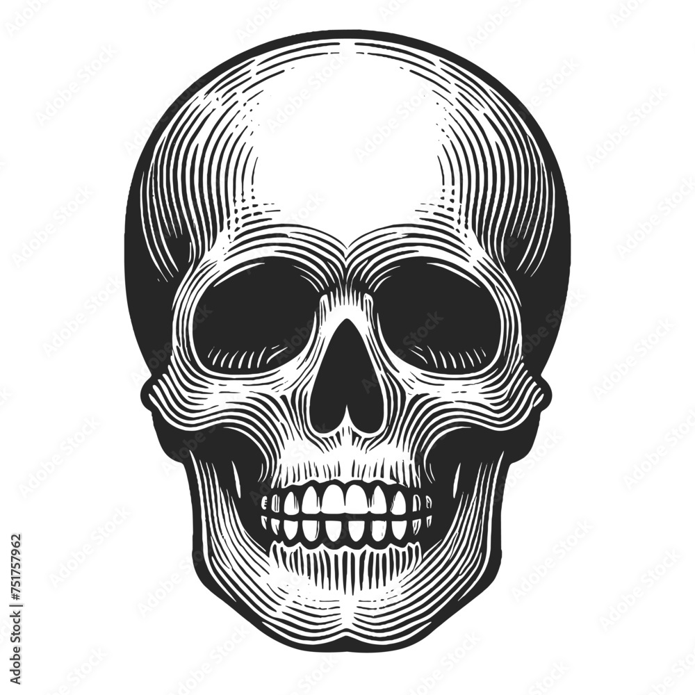 human skull front view detailed bone structure sketch engraving ...