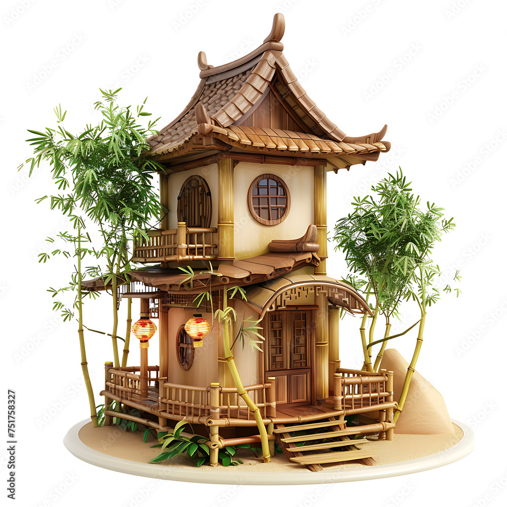 3D style of a house made of minimalist bamboo on a transparent ...