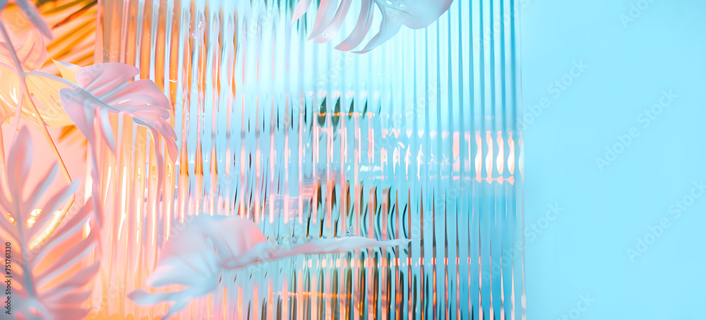 Clear reeded shower screen of Fluted Glass with tropical leaves in the ...