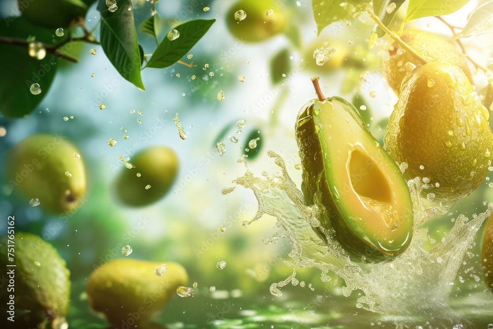 several ripe avocados splashing into a pool of clear water. Tiny water ...