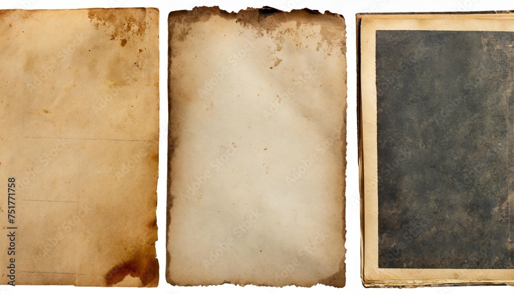 set collection of three stained grungy vintage antique paper sheets ...
