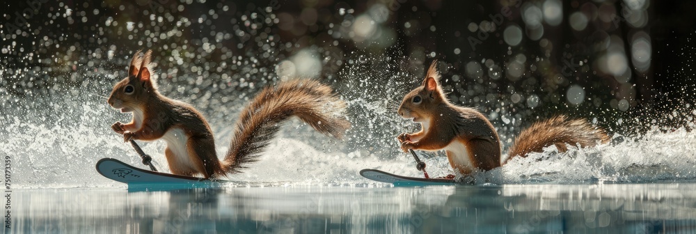 Squirrels having a surfing water adventure - Playful squirrels captured ...