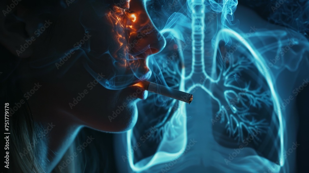Profile of a woman smoking a cigarette with a digitally imposed x-ray ...