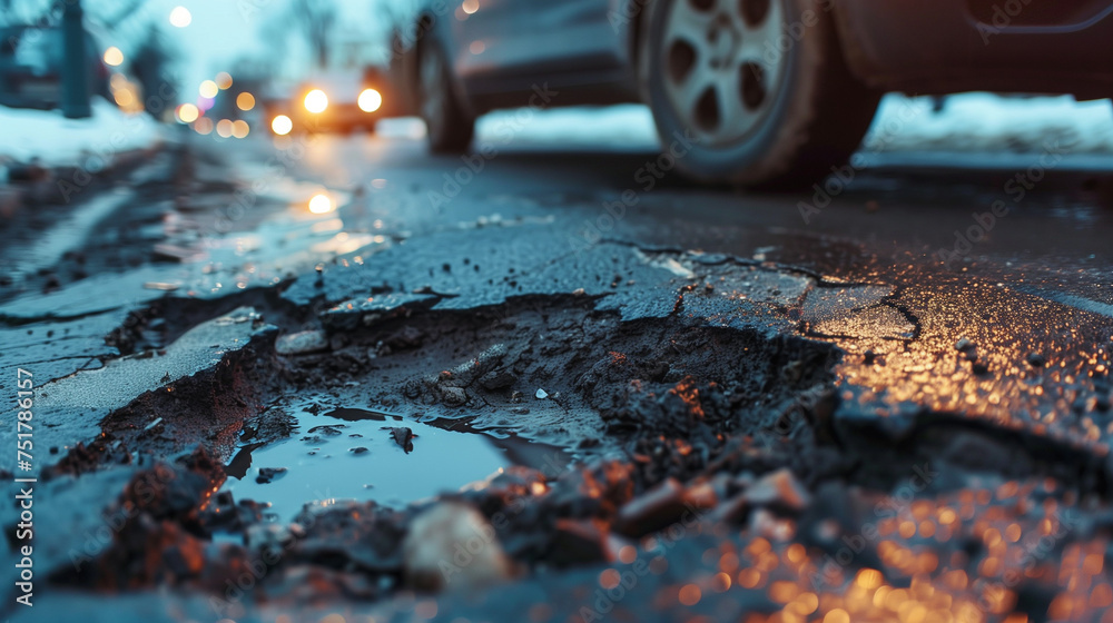 Poor Quality Road and Potholes After the Winter. Road Hazards and Urban ...