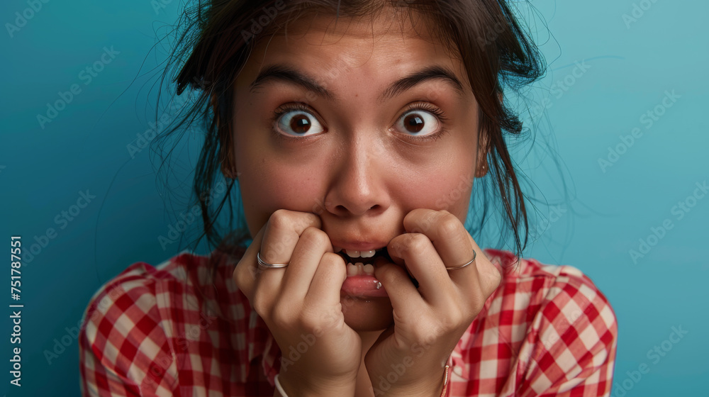 young woman with an exaggerated scared or anxious expression, wide eyes ...