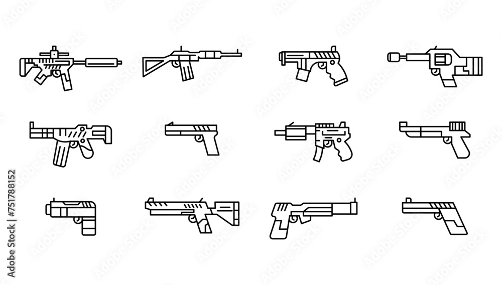 Vector line icon gun set. Outline symbol weapon security and military ...