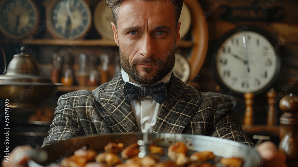 The man, dressed to the nines in a luxurious suit, stands confidently ...