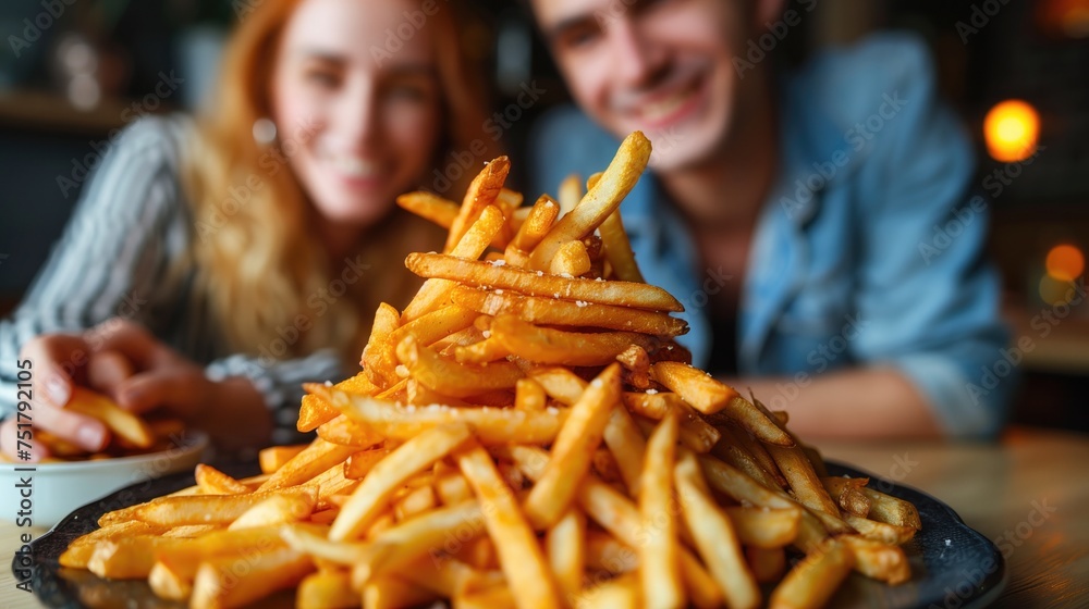 Two friends engage in a game of "fries Jenga," stacking French fries ...