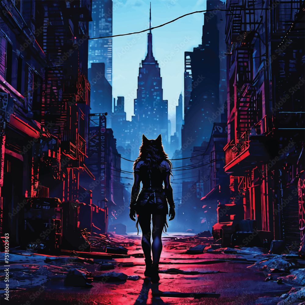 female werewolf half silhouette standing in the middle of sticky urban ...
