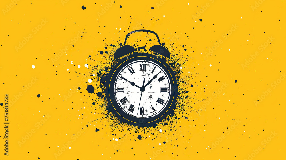clock and time in logo of black and white color isolated on yellow ...