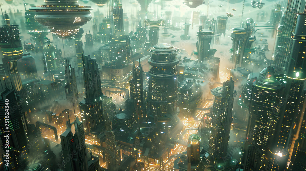 Shot of a Futuristic Self-Driving flying robot cars in sky, modern city ...