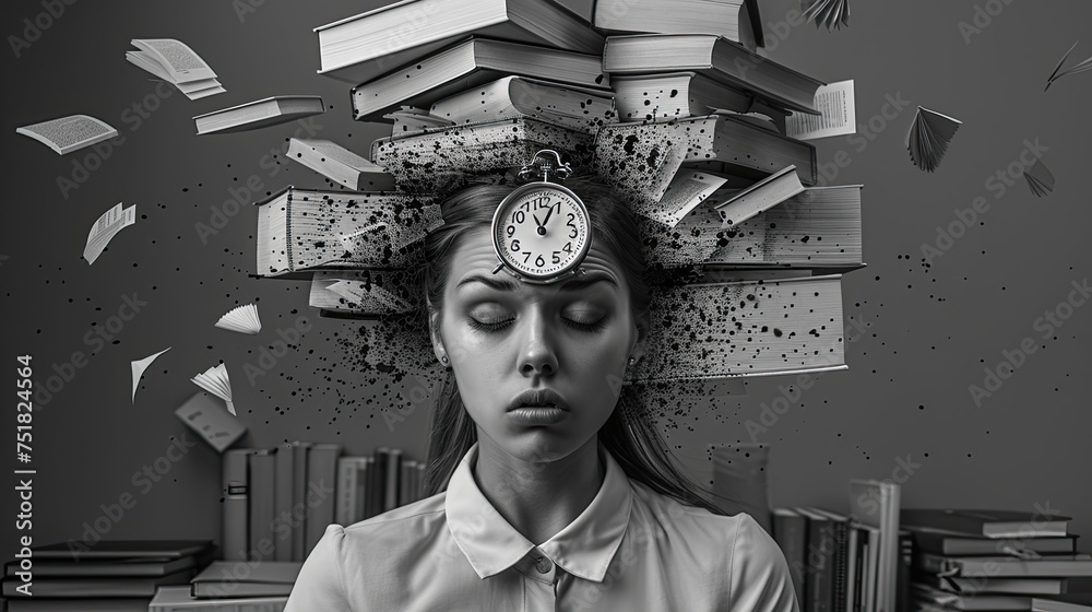 clock and time stress on a woman, work stress, burden of office work ...