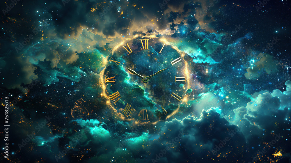 clock and time in universe ,dark neon background showing universe is a ...