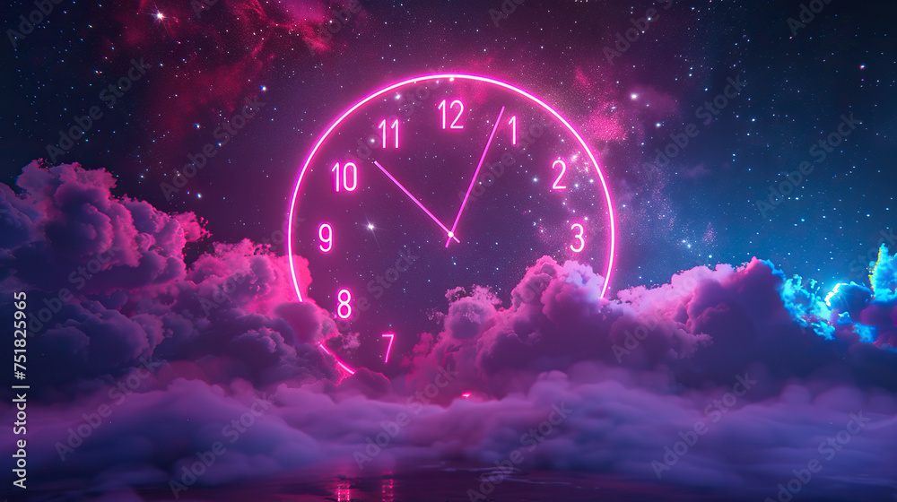 clock and time in universe ,dark neon background showing universe is a ...