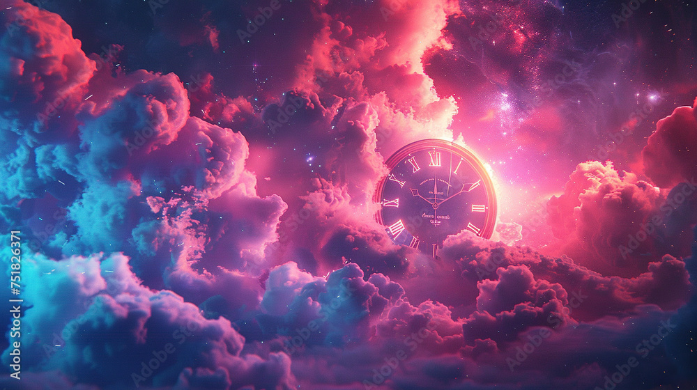 clock and time in universe ,dark neon background showing universe is a ...