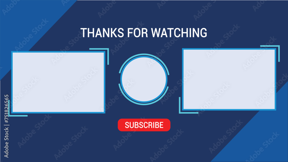 end screen, blue and light blue color palette, red subscribe button, 2 ...