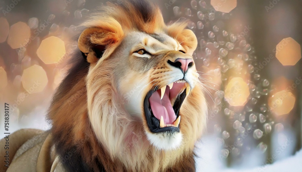 Primer plano de cabeza de leon rugiendo, fauces abiertas, fondo negro ...