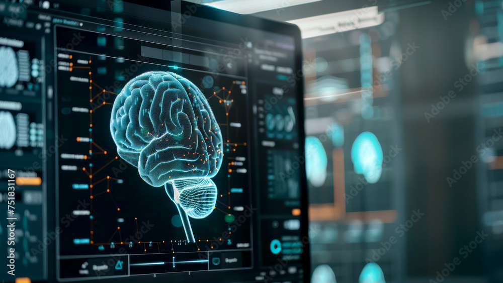 Computer screen with anatomic brain with an interface with medical ...