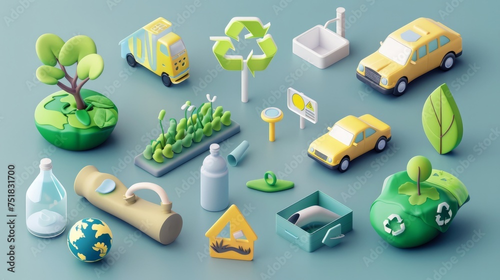A 3D vector icon set representing various environmental elements ...