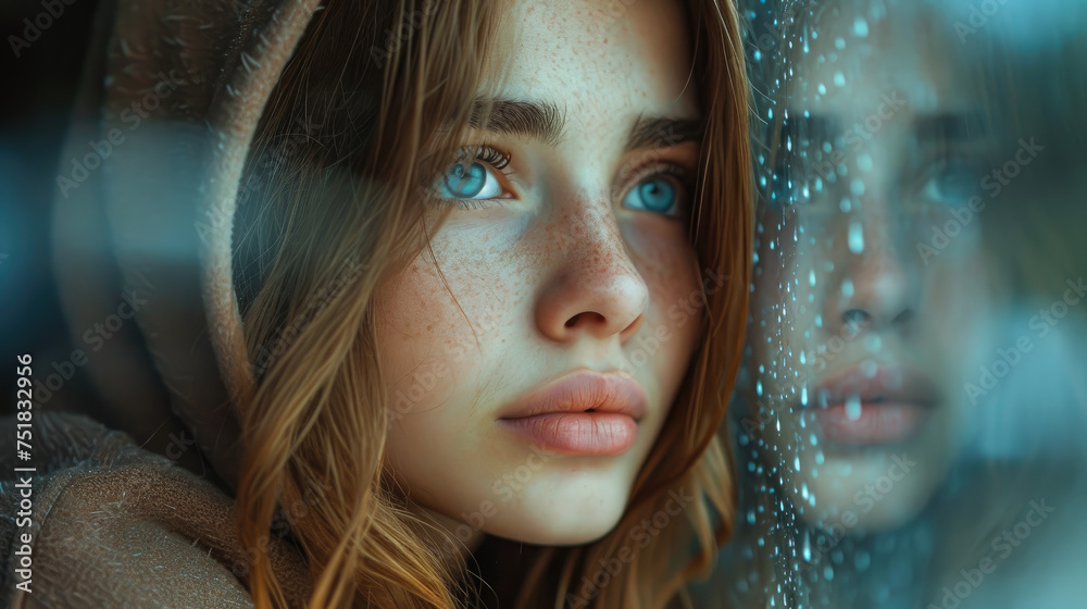 beautiful lonely teenage girl looks out the window and cries, sad woman ...