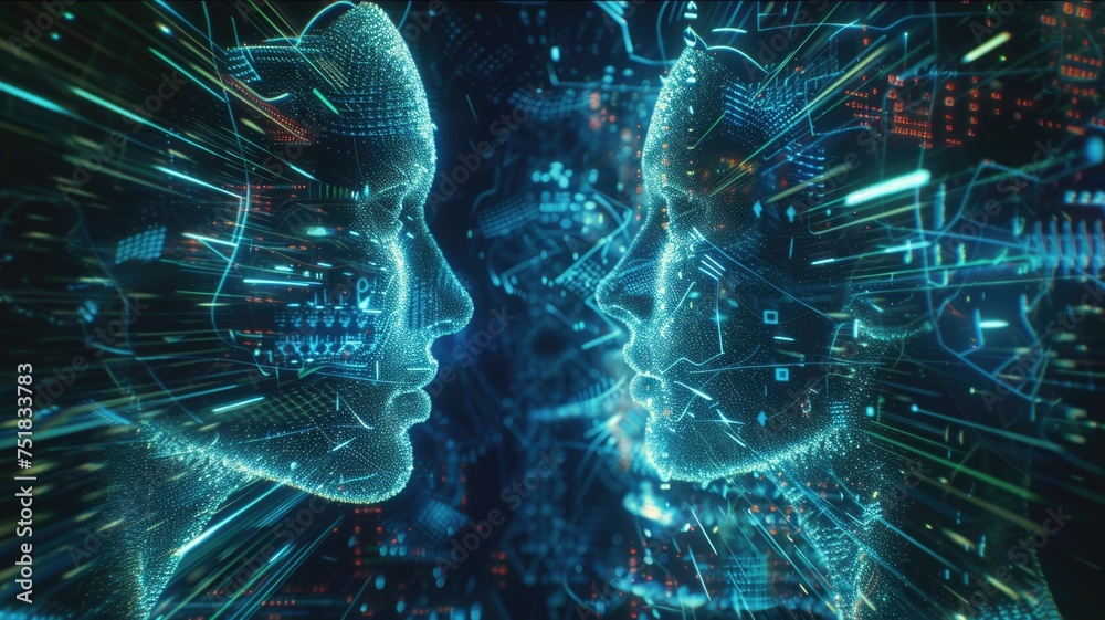 evolutionary leap where two AI forms, amidst a flurry of binary and ...