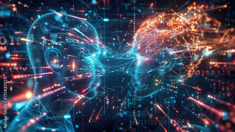 evolutionary leap where two AI forms, amidst a flurry of binary and holographic displays, blend ...