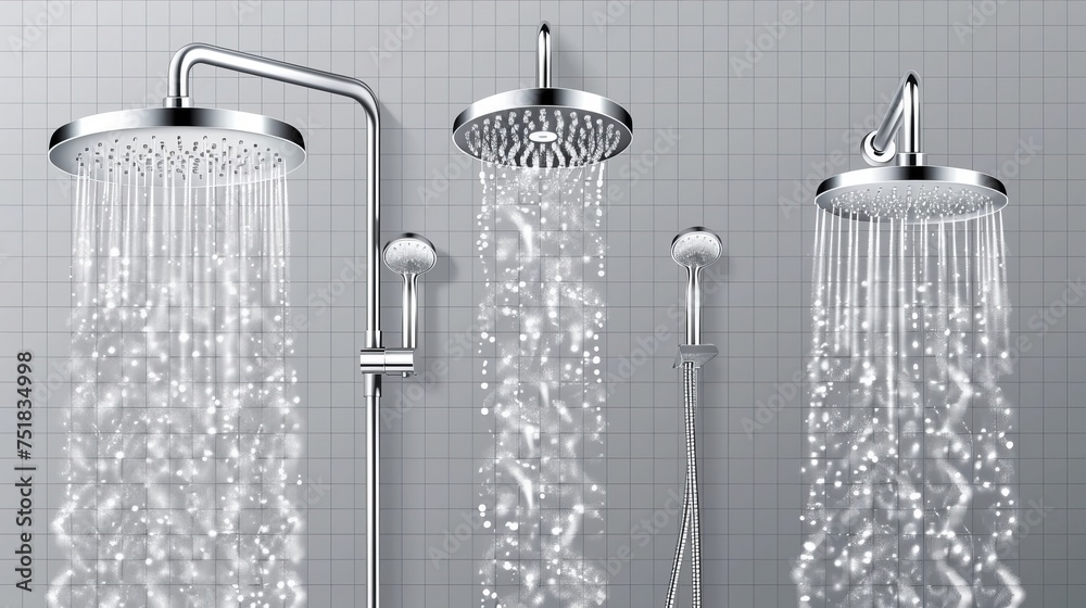A vector realistic set of a metal shower head and tap, with falling ...