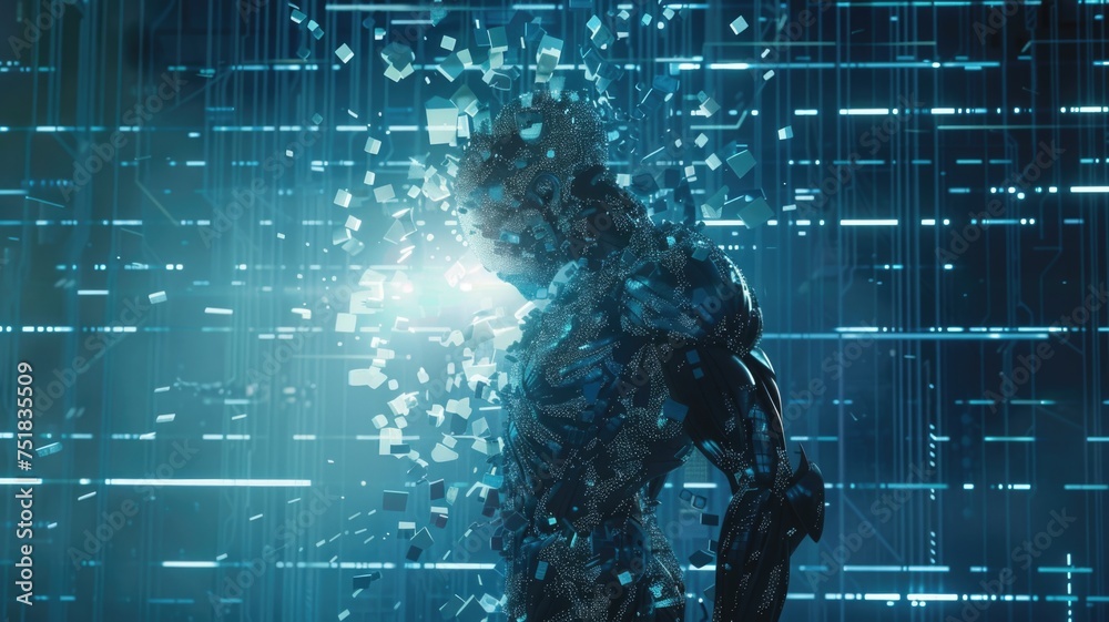 towering AI figure, glowing with power, as it absorbs fragments of a ...