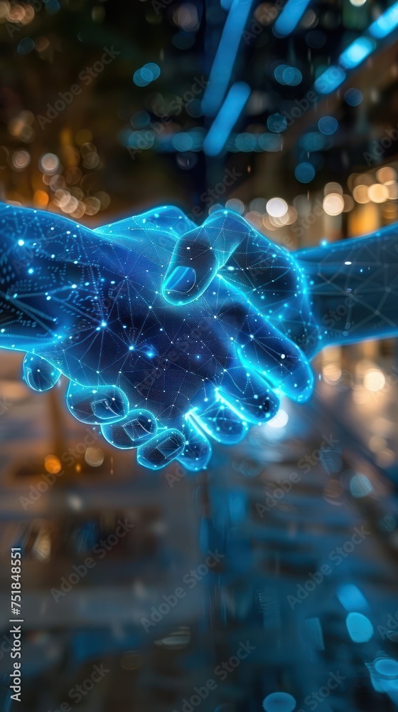 Business partners seal the deal with a holographic handshake minimalist ...
