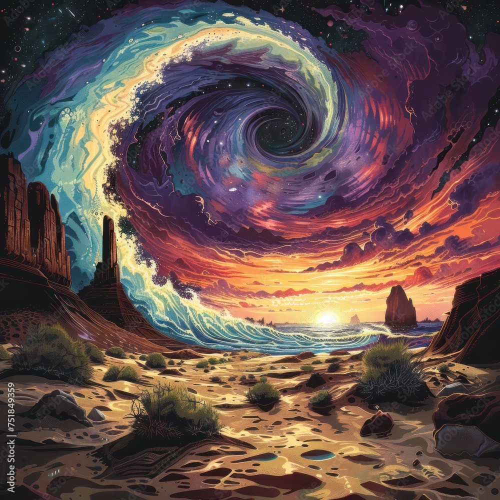 Cosmic tsunami crashing onto a deserted planet in a psychedelic art ...