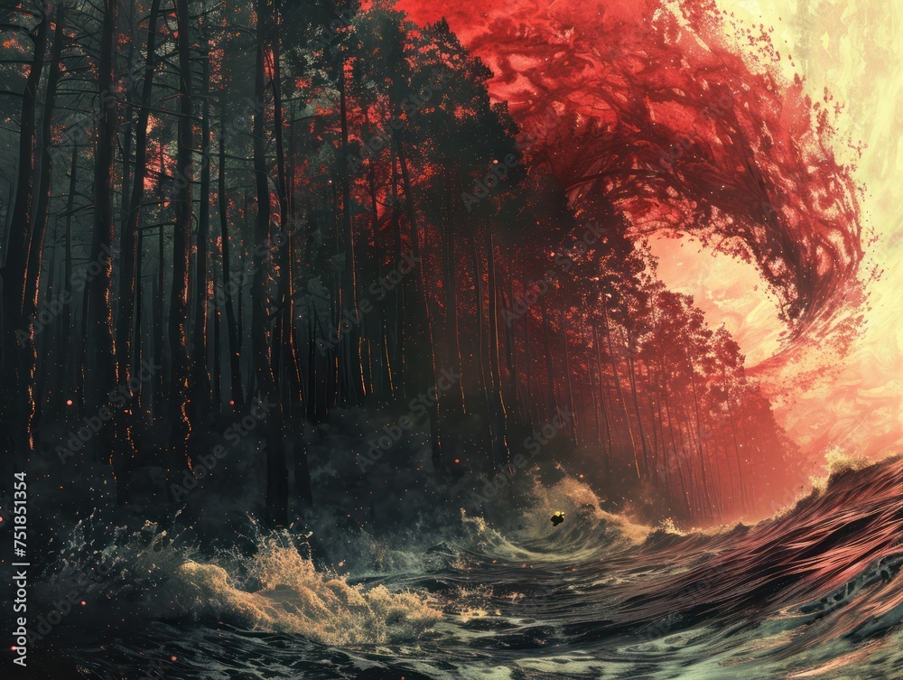 Forest tsunami in hellish red ocean depicted in a surrealistic style ...