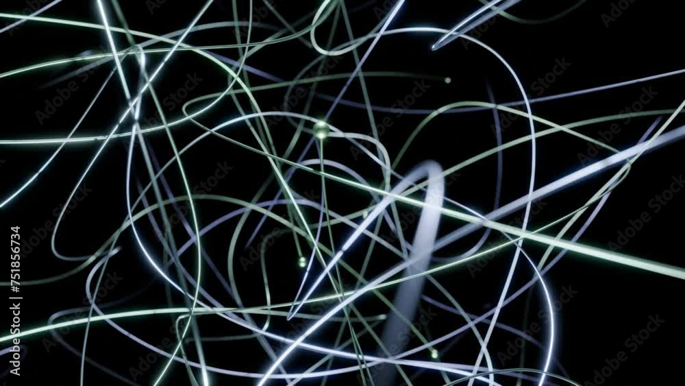 Abstract 3d rendered animation of small green and blue orbs with long ...