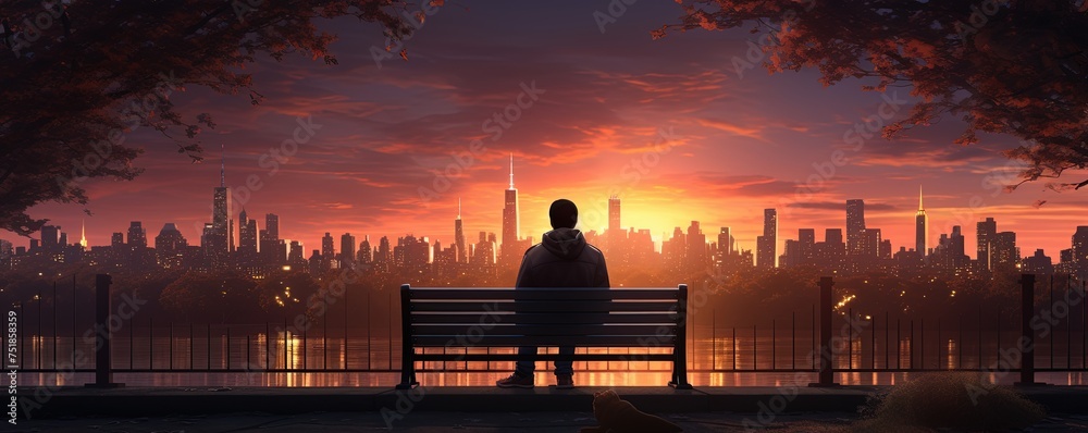 Silhouette of a person sitting on a park bench overlooking a city ...