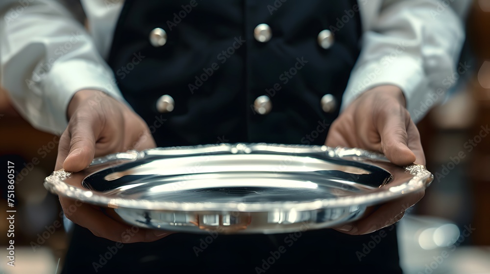 Waiter tray butler hand serve hold plate isolated white man silver ...